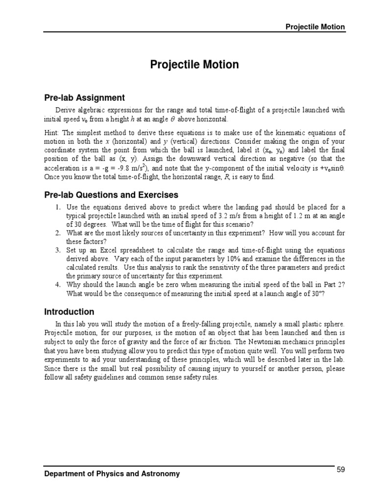 Projectile Motion: Pre-Lab Assignment | PDF | Projectiles | Velocity