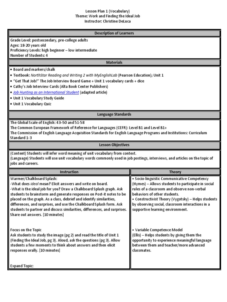 Sample Lesson Plan 1 | PDF | Vocabulary | Homework
