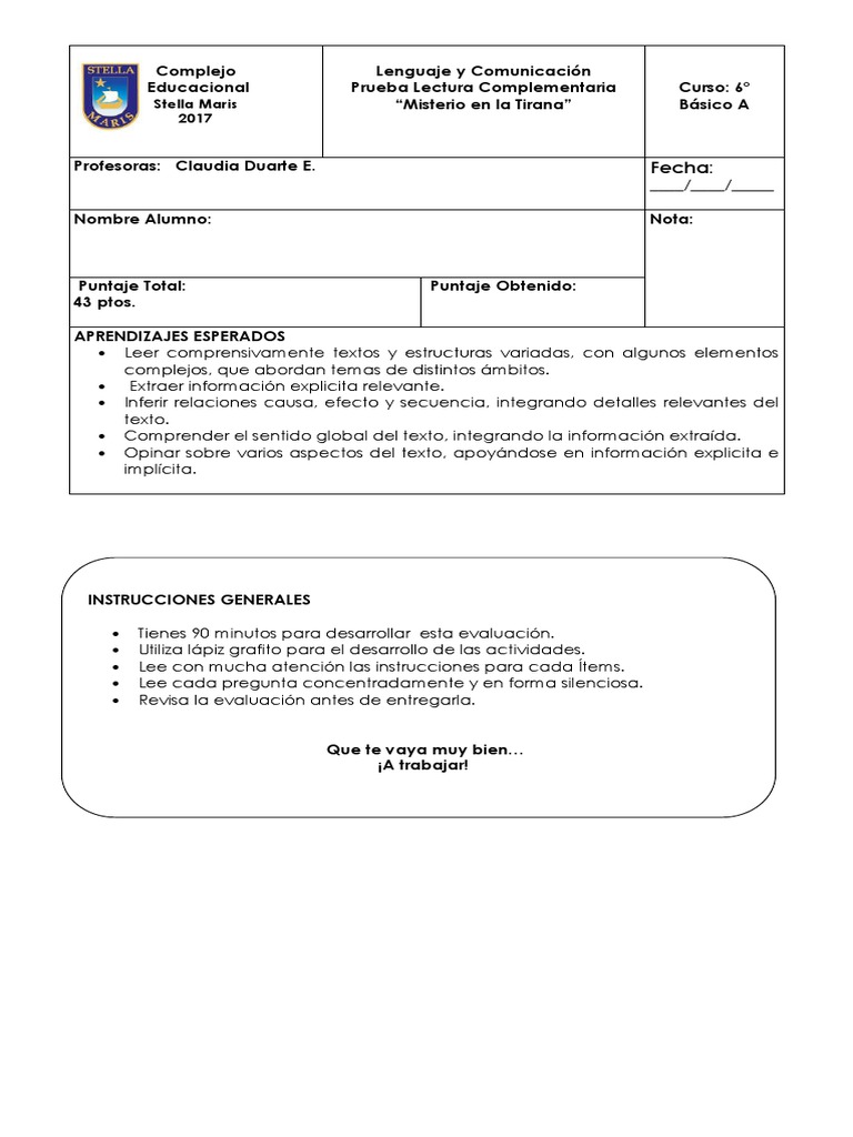 Prueba Misterio en La Tirana 6° 2017 | PDF | Lectura (proceso ...