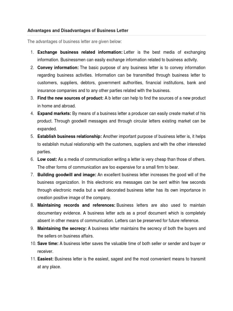 Business Letters: Pros and Cons | PDF | Information | Financial Transaction
