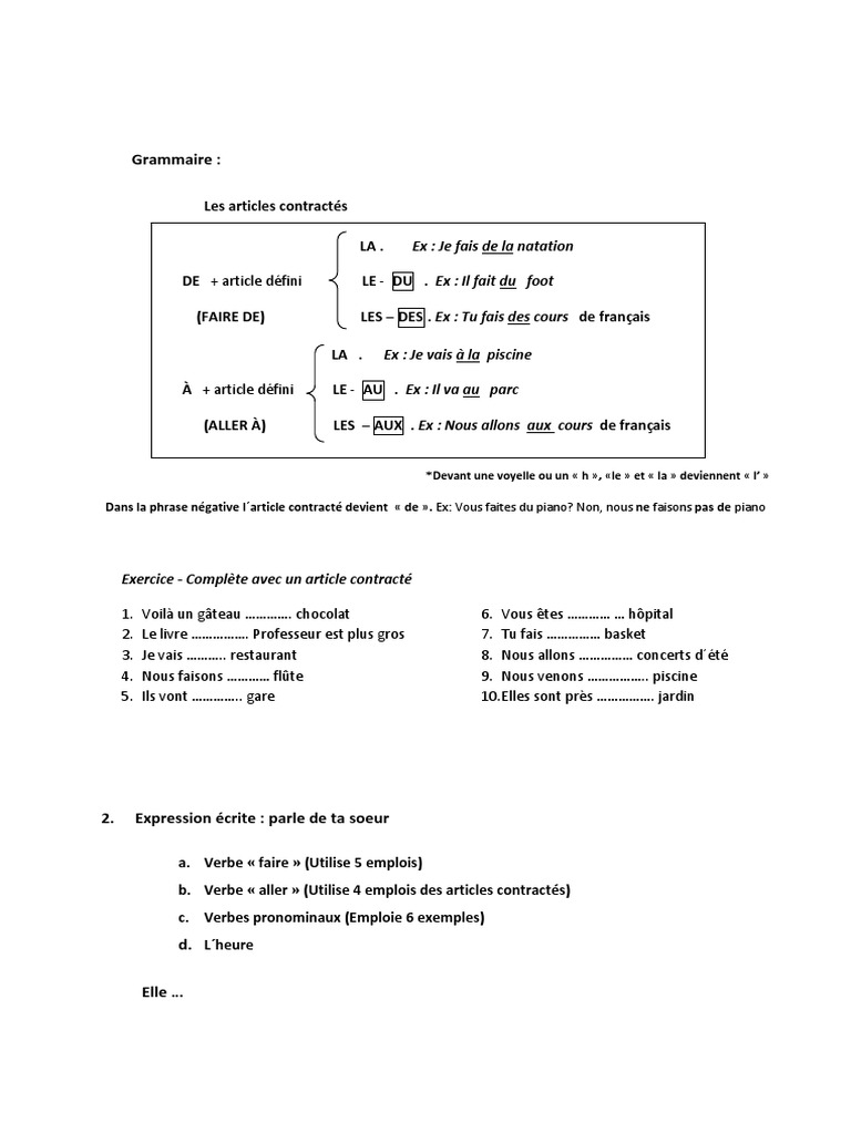 Articles Contractés en Français : Grammaire et Exercices | PDF ...