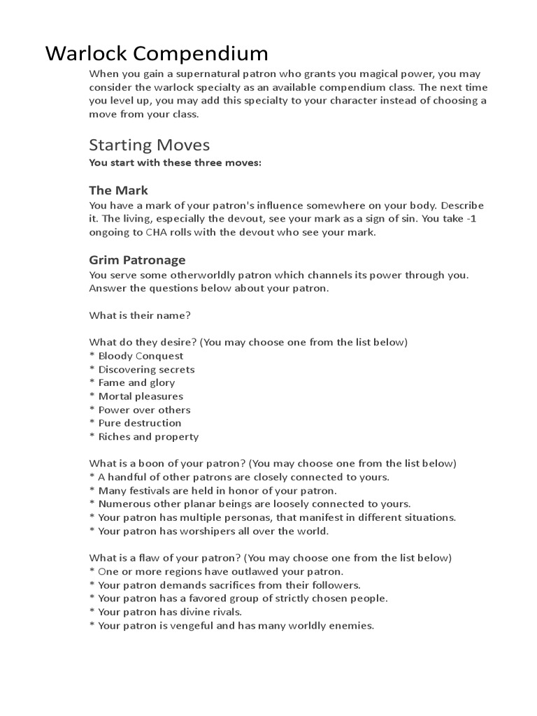 Warlock Compendium: Starting Moves | PDF | Role Playing Games | Leisure