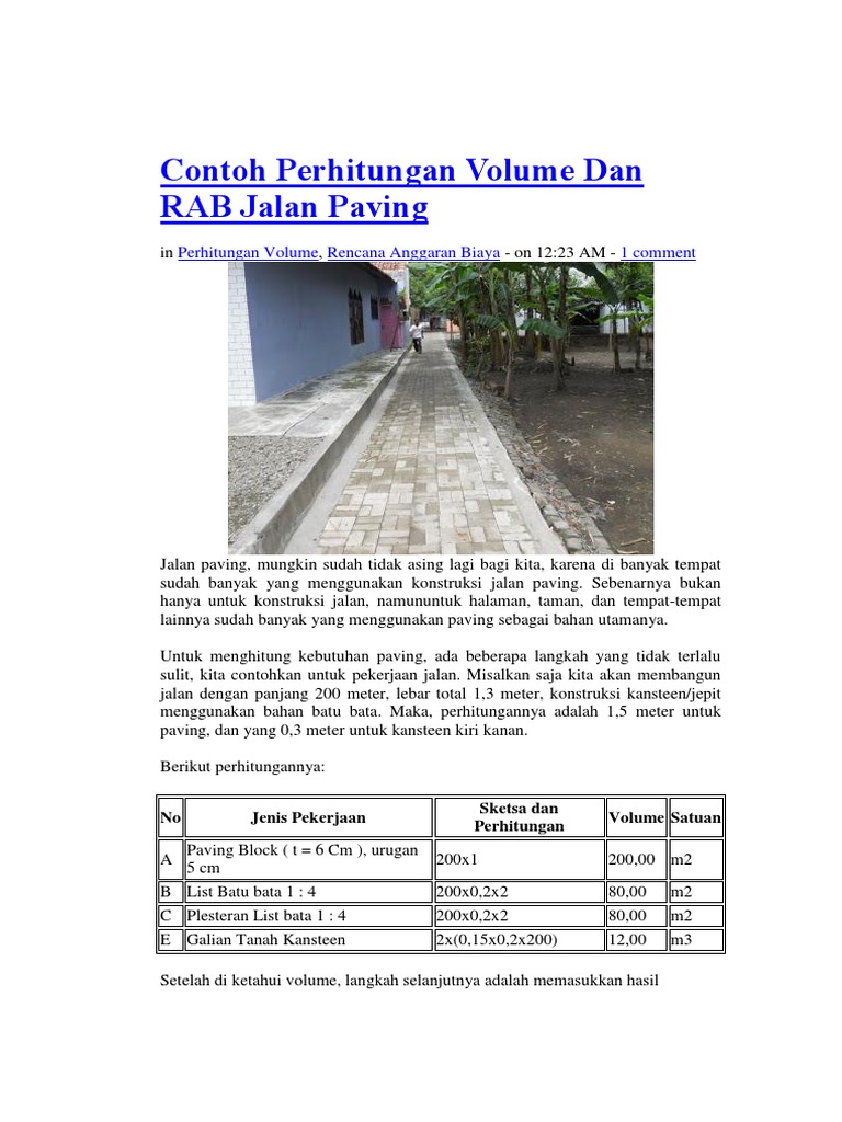 Contoh Perhitungan Volume Dan RAB Jalan Paving | PDF