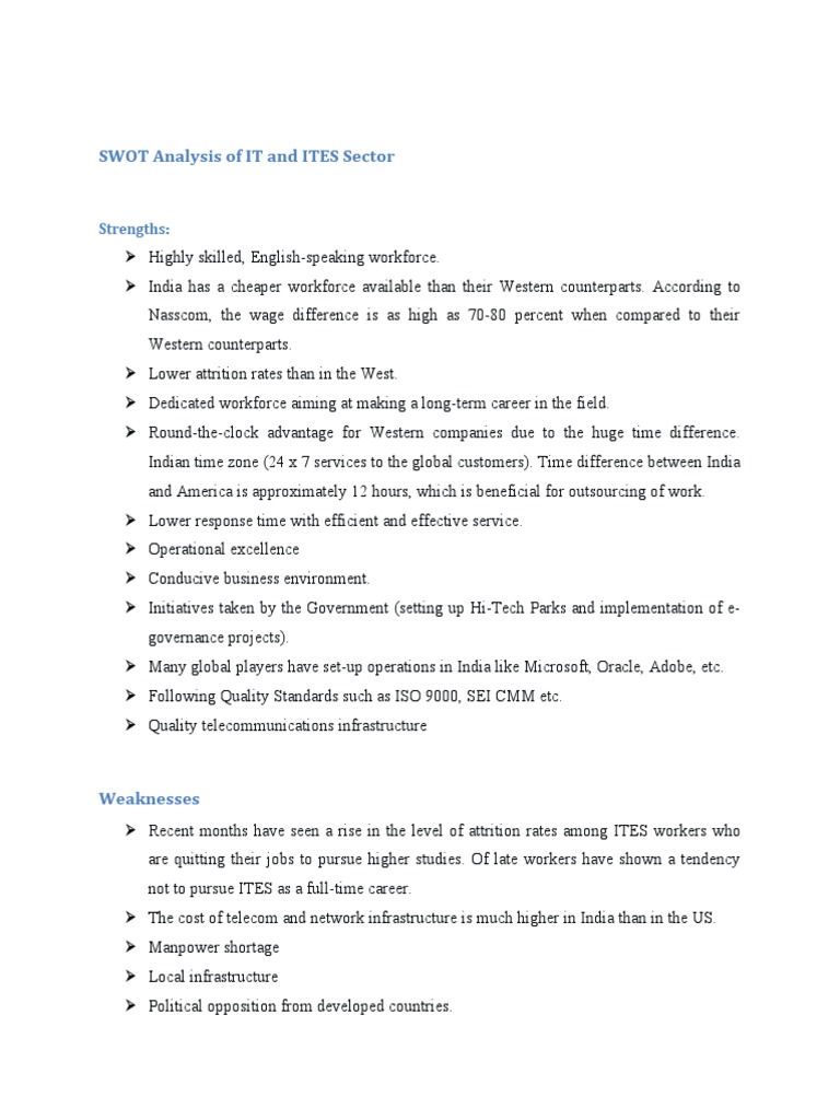 SWOT Analysis of IT and ITES Sector: Strengths | PDF | Strategic ...