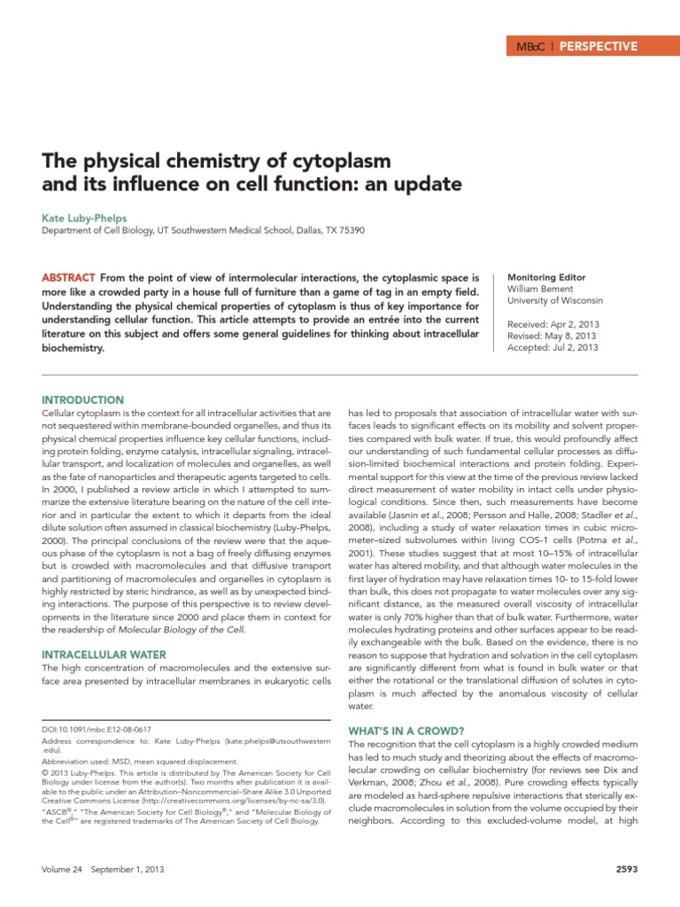 The Physical Chemistry of Cytoplasm and Its Influence On Cell Function ...