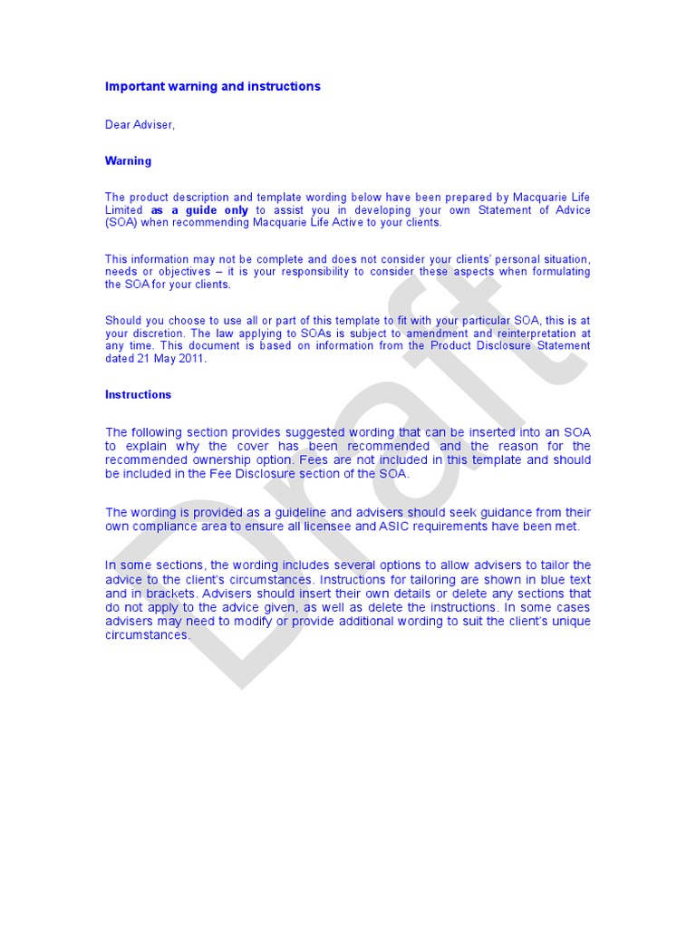 Macquarie Life SOA Template Guide | PDF | Insurance | Pension