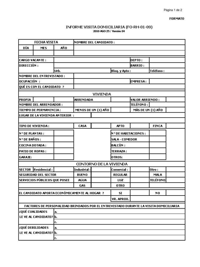 Formato de Visita Domiciliaria | Economias | Business | Prueba gratuita ...