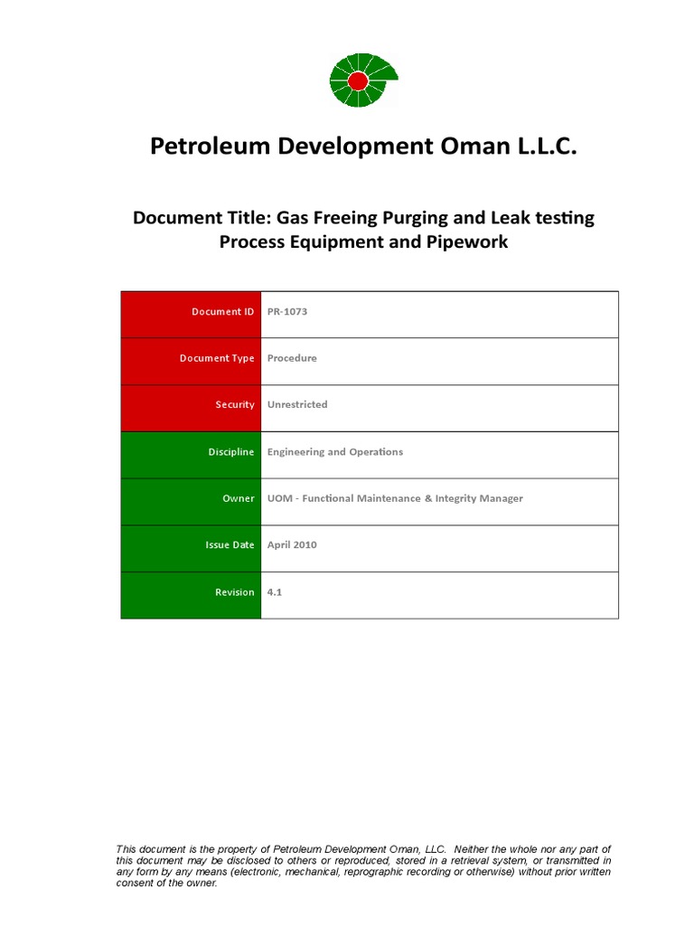 PR-1073 - Gas Freeing, Purging and Leak Testing of Process Equipment ...