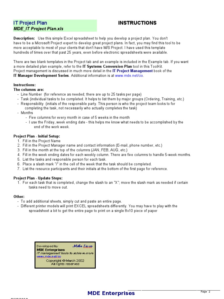 MDE - IT Project Plan | Download Free PDF | Microsoft Excel | Computing