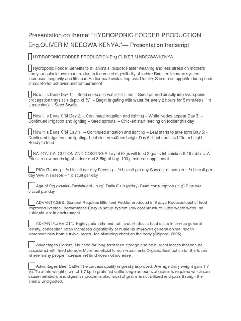 Presentation On Theme: "HYDROPONIC FODDER PRODUCTION Eng - Oliver M Ndegwa Kenya ...