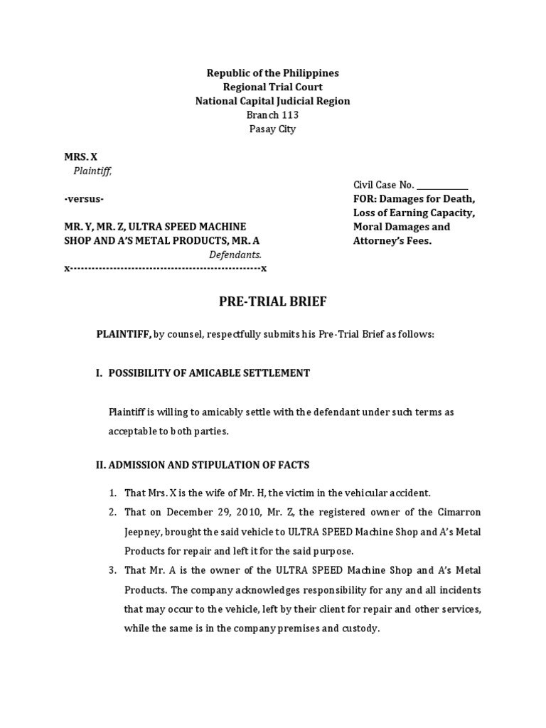 (DRAFT) Pre-Trial Brief | PDF | Lawsuit | Damages