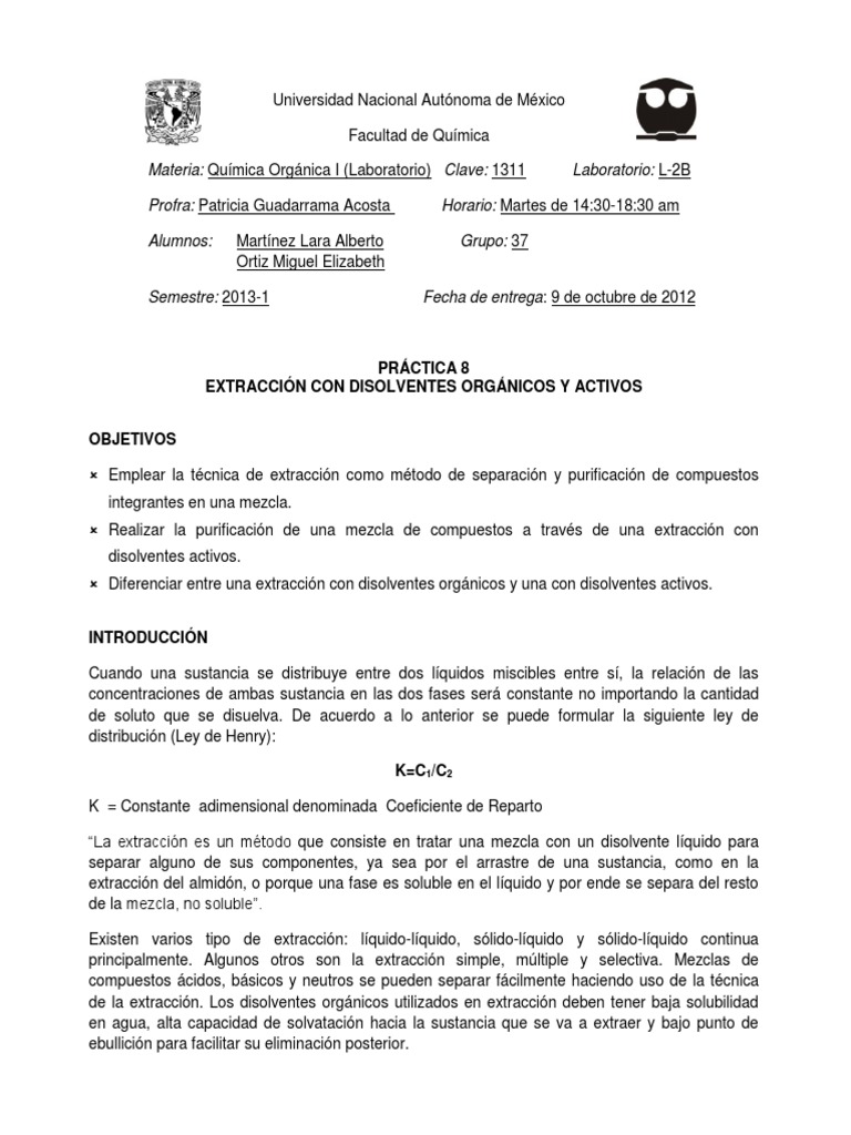 QO Reporte P8 | PDF | Solvente | Solubilidad