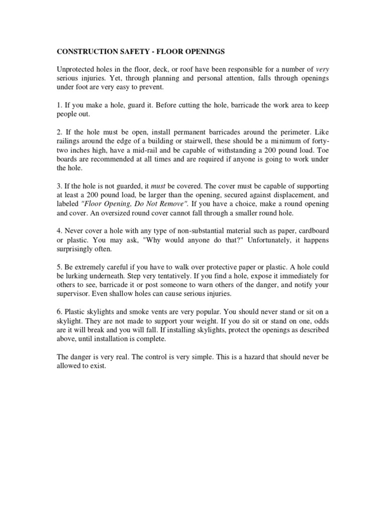 Construction Safety - Floor Openings | PDF