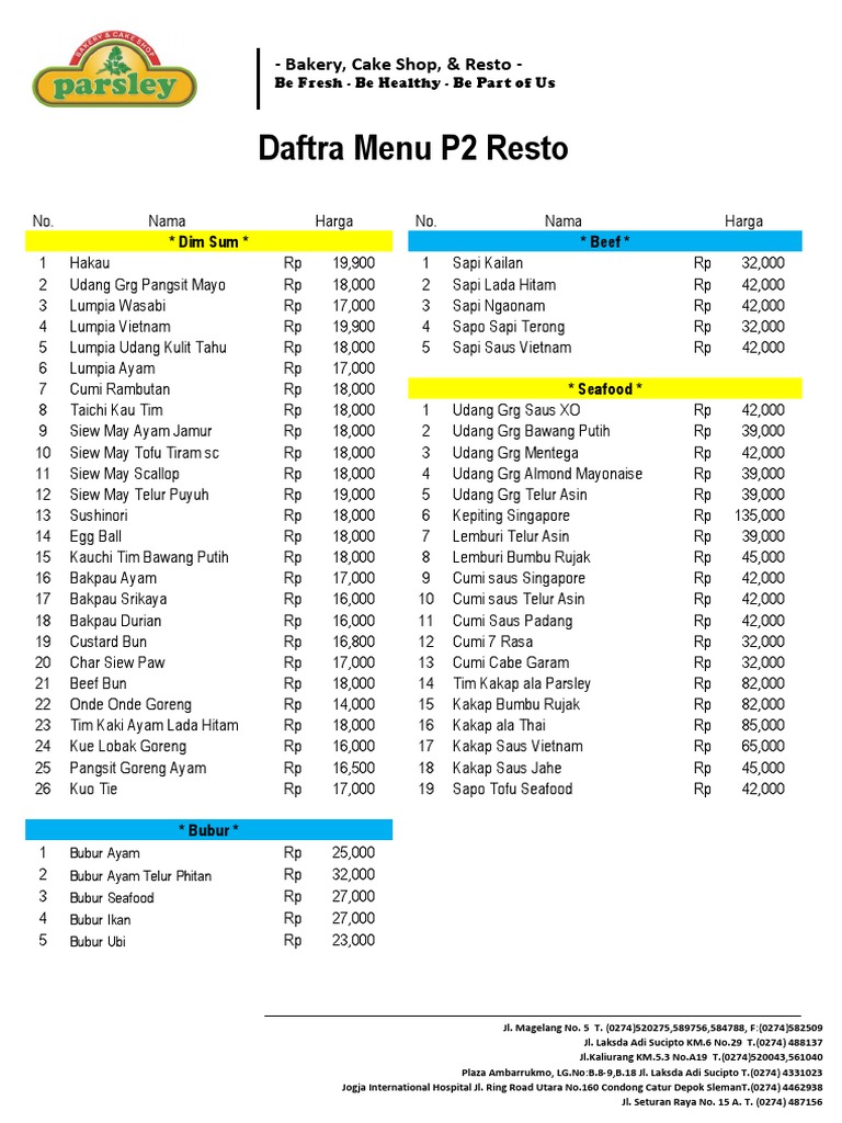 Daftar Menu Parsley Jl. Laksda Adisucipto-1 | PDF