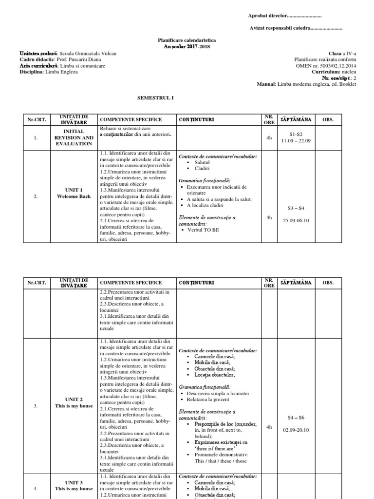 Planificare Calendaristica Clasa A IV-A, Booklet | PDF