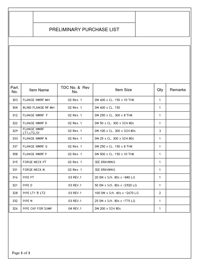 Priliminary Purchase List For Forging | PDF