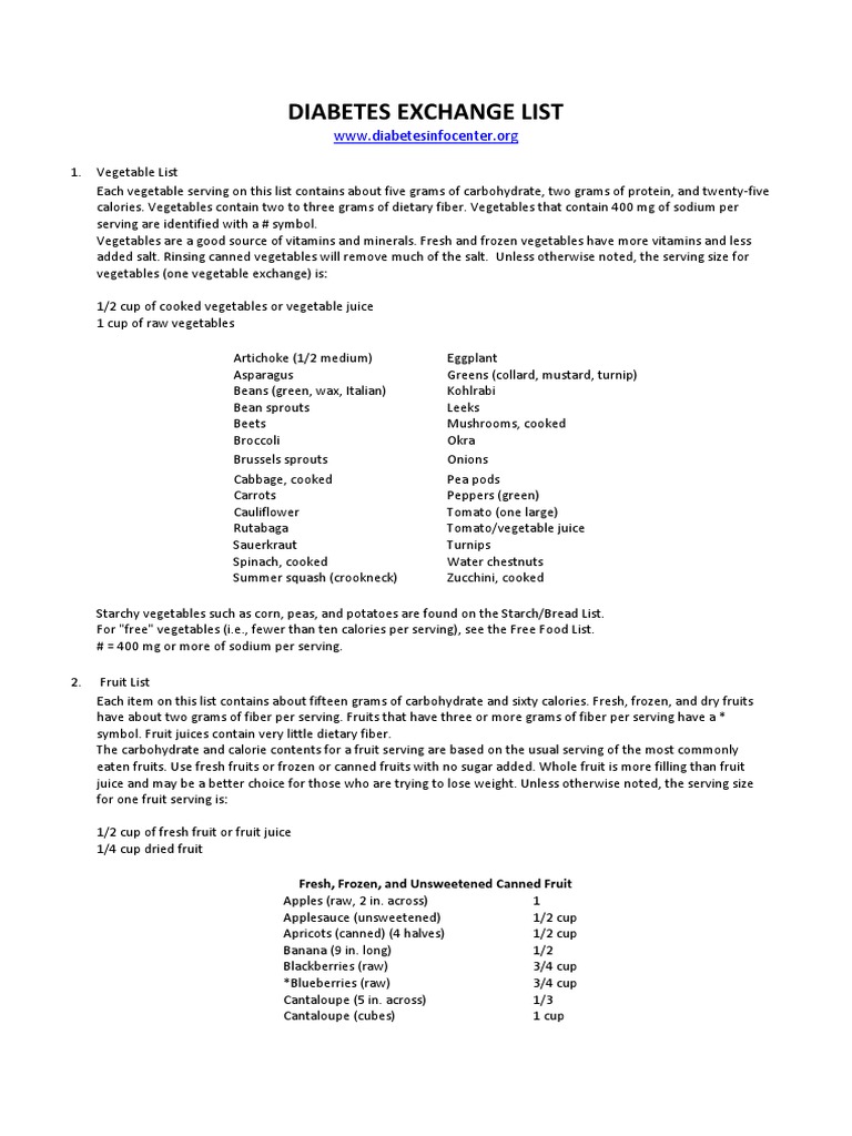 Diabetes Exchange List | PDF | Vegetables | Beef