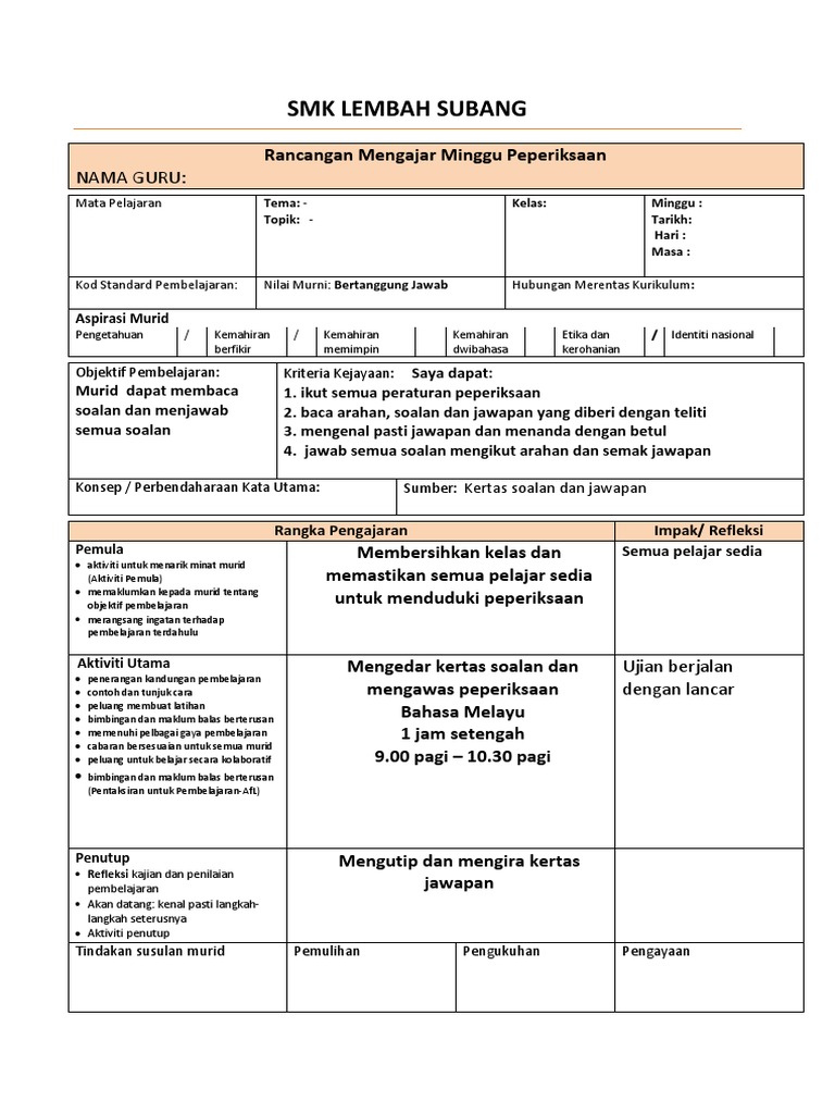 Contoh RPH Minggu Exam - Ujian | PDF