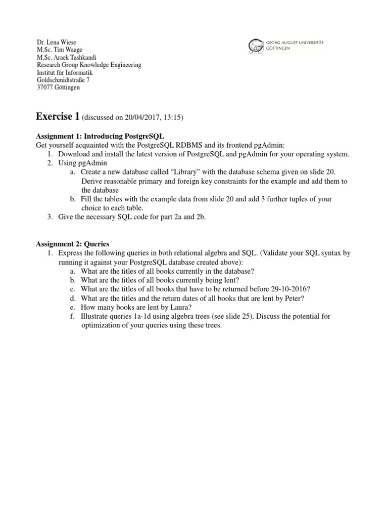 Exercise 1: Assignment 1: Introducing Postgresql | PDF