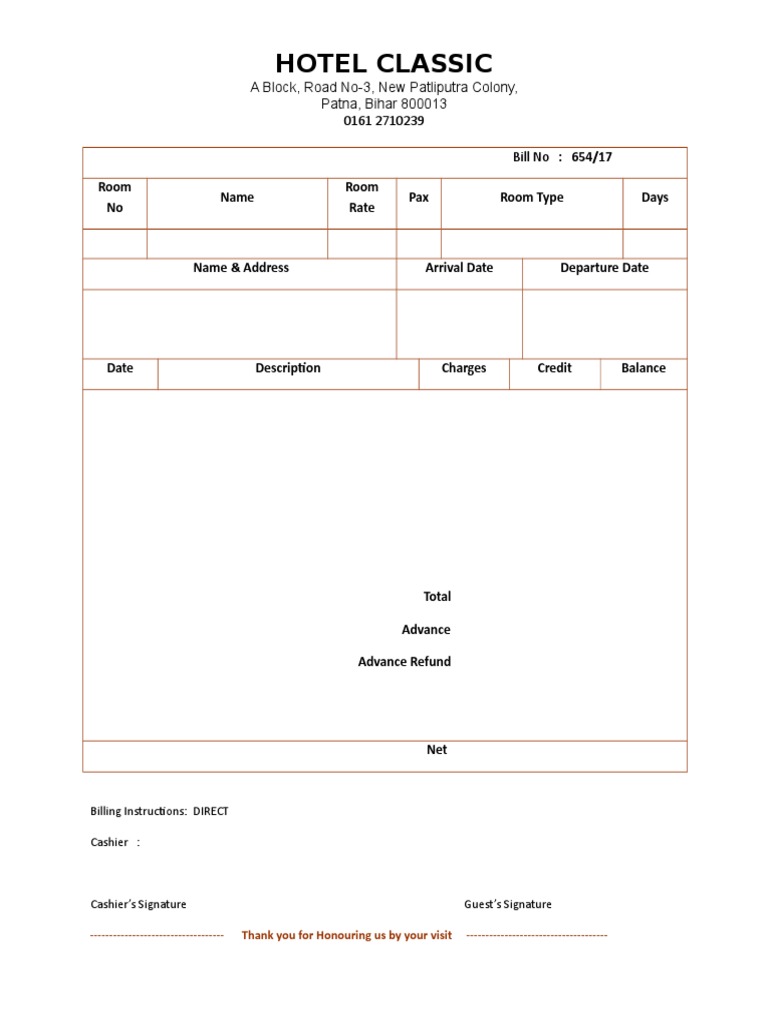 Hotel Classic: Bill No: 654/17 Room No Name Room Rate Pax Room Type ...