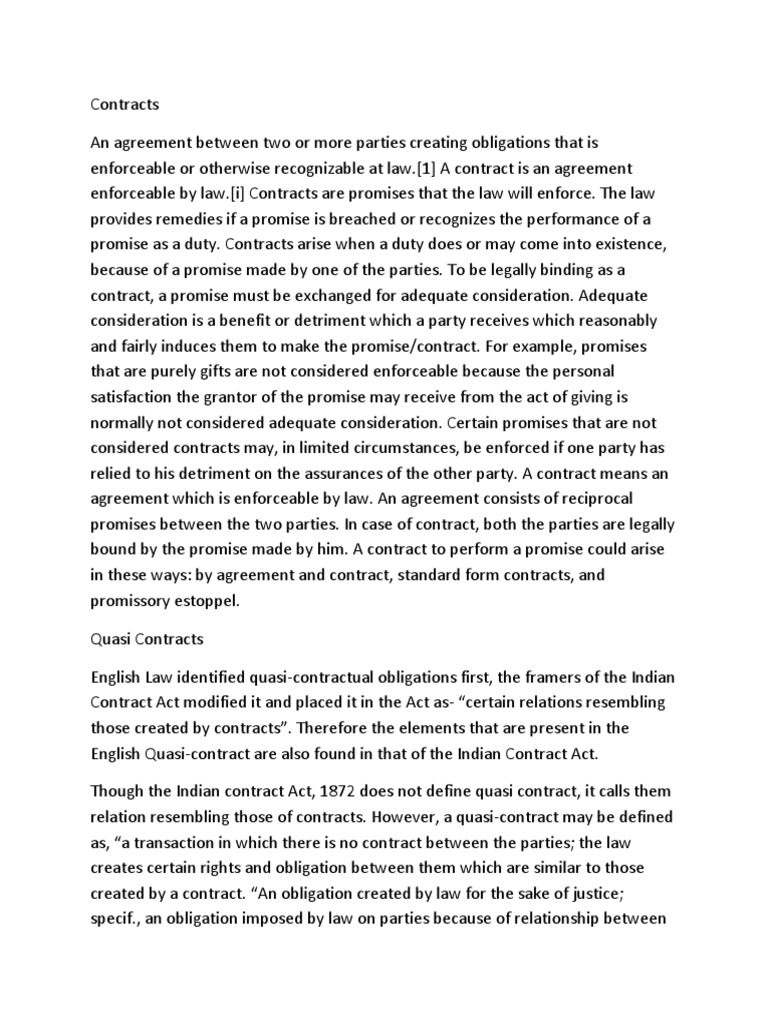 Contract and Quasi Contract | PDF | Consideration | Legal Ethics