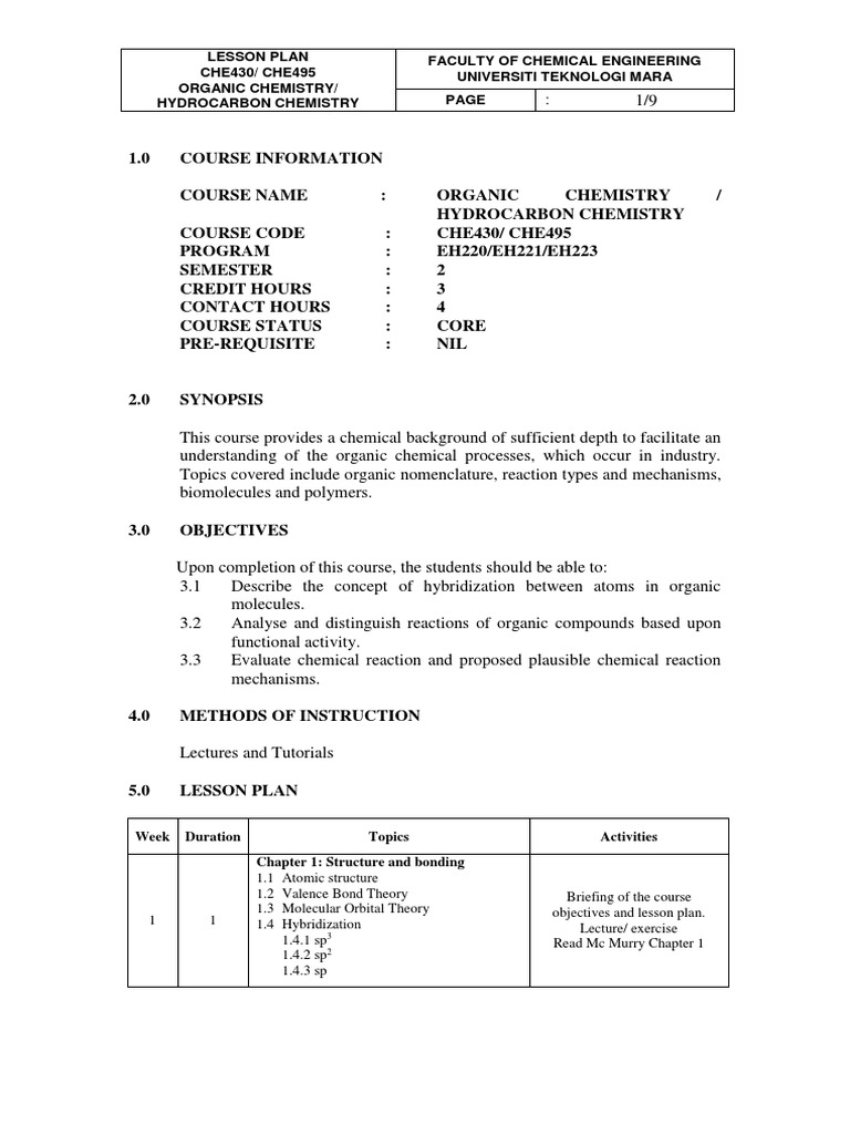 Lesson Plan CHE430/ CHE495 Organic Chemistry/ Hydrocarbon Chemistry ...