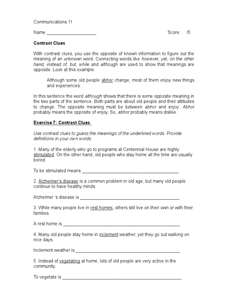 Contrast Clues: Hand, Instead Of, But, While and Although Are Used To ...