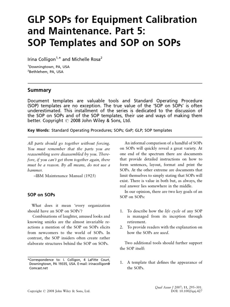GLP Sops For Equipment Calibration and Maintenance. Part 5: Sop ...