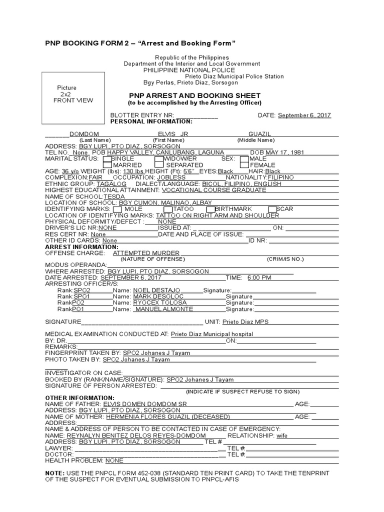 PNP Arrest and Booking Form Sample | PDF | Crime & Violence | Crime ...
