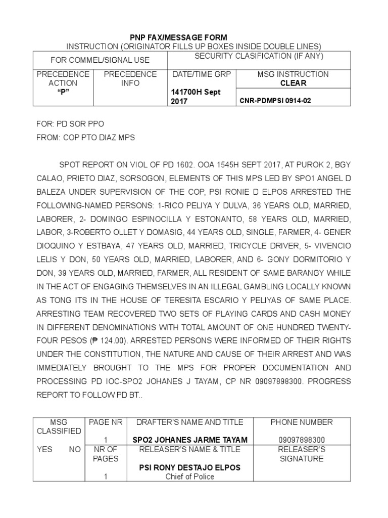 SPOT REPORT ill gambling pnp msg fax form 1971.doc | Violence