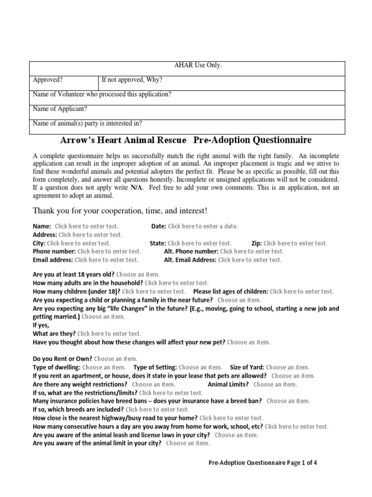 Arrow's Heart Animal Rescue Pre-Adoption Questionnaire: Thank You For ...