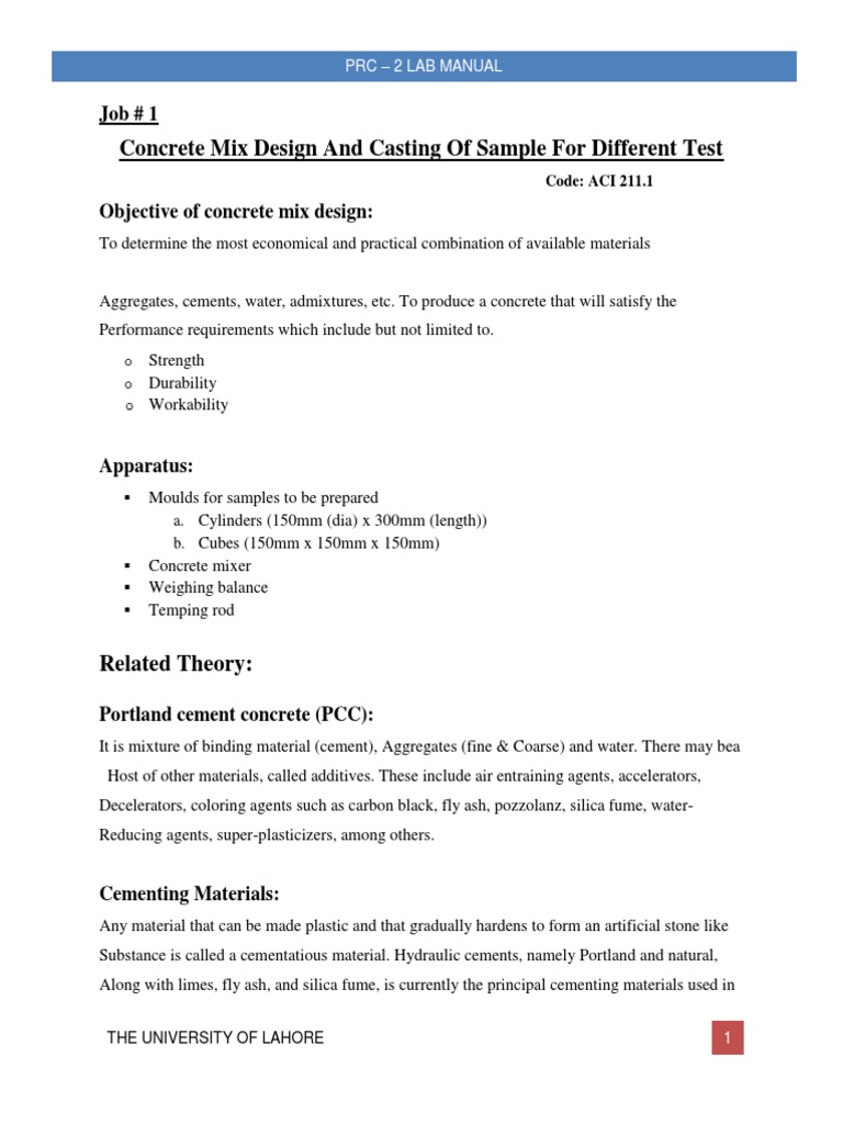 Prc 2 Lab Manual 1 Job Pdf Concrete Chemistry