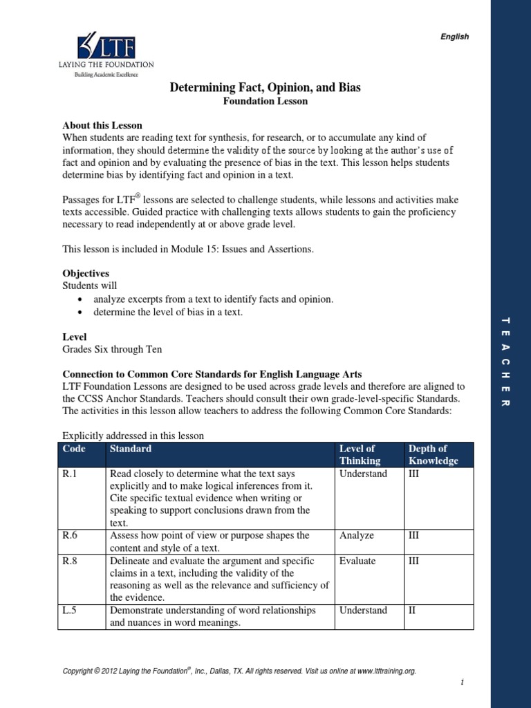 Determining Fact Opinion and Bias PDF | PDF | Bias | Evaluation