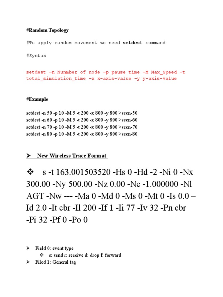 Setdest and Wireless Trace File Format | PDF | Network Packet | Communications Protocols