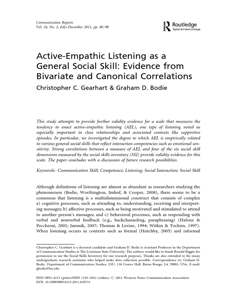 Active-Empathic Listening As A General Social Skill | PDF | Correlation ...