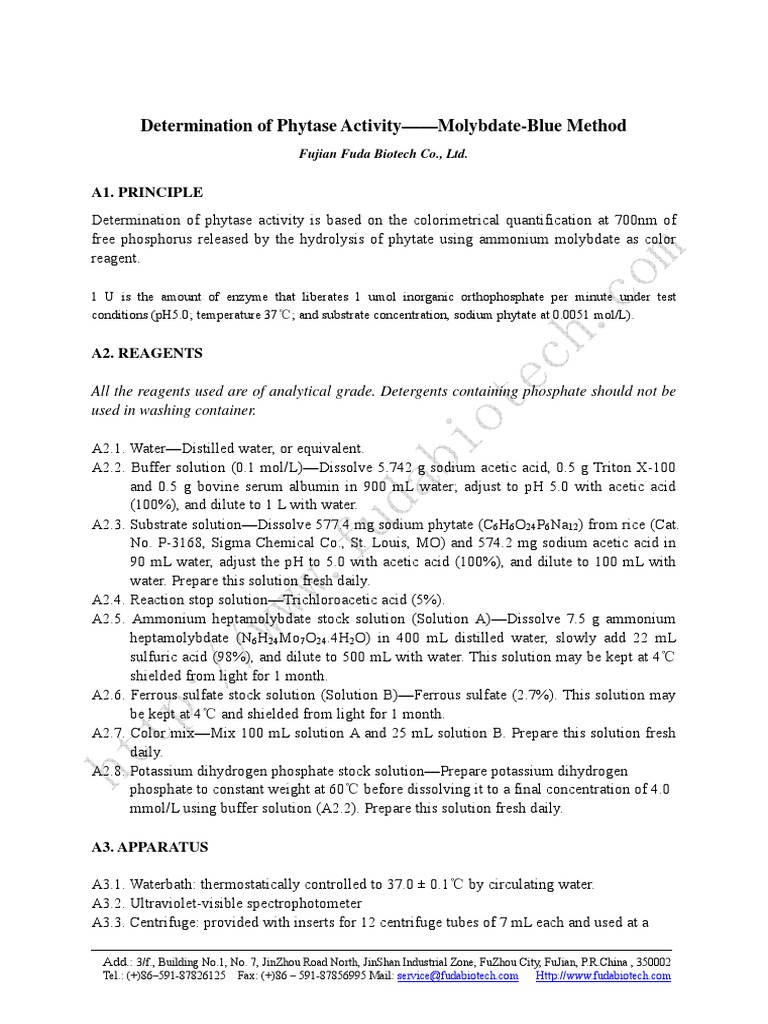 Determination of Phytase Activity - Molybdate-Blue Method: A1 ...