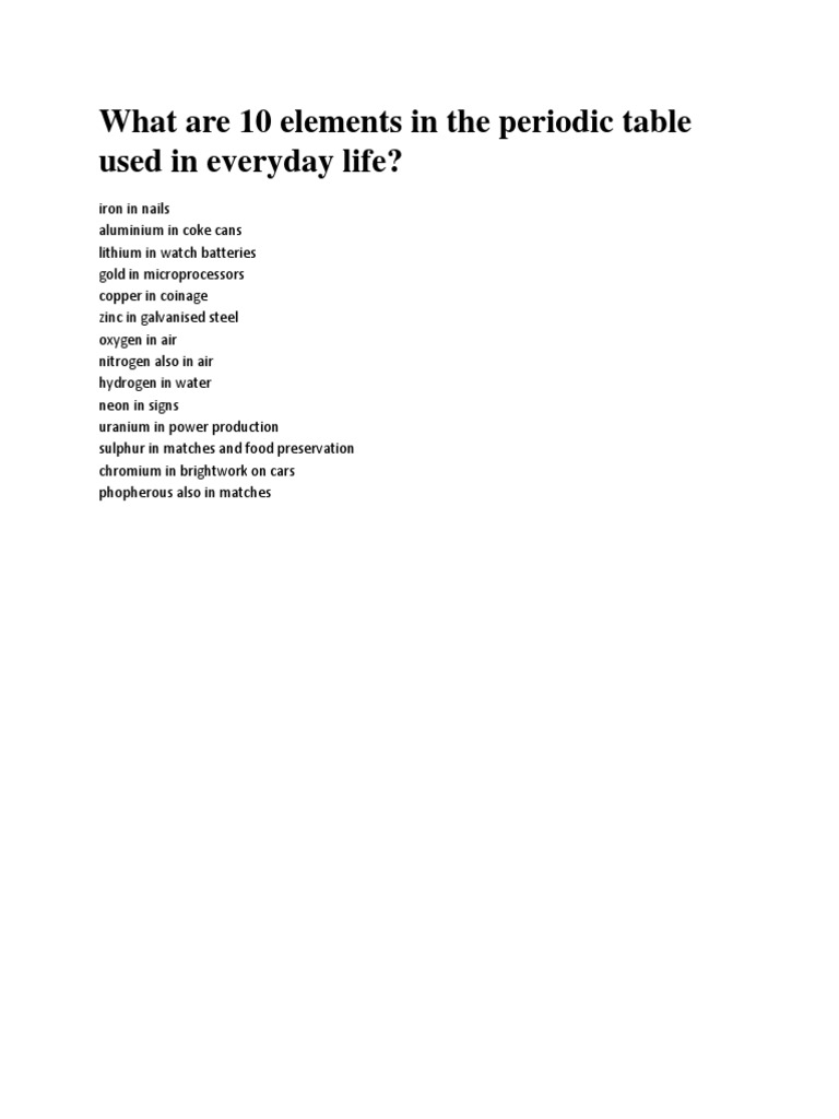 What Are 10 Elements in The Periodic Table Used in Everyday Life | PDF ...