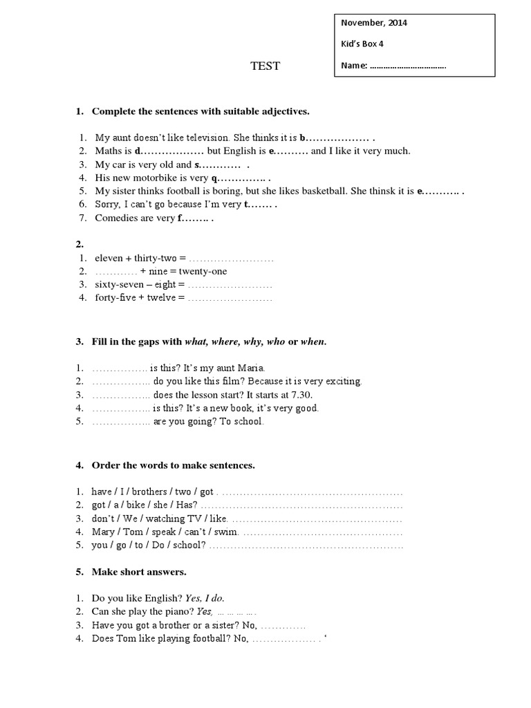 Kids Box 4 Test I | PDF