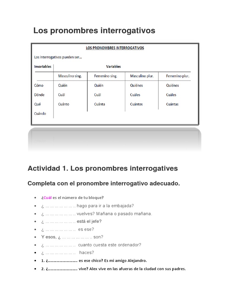 Práctica de Pronombres Interrogativos | PDF