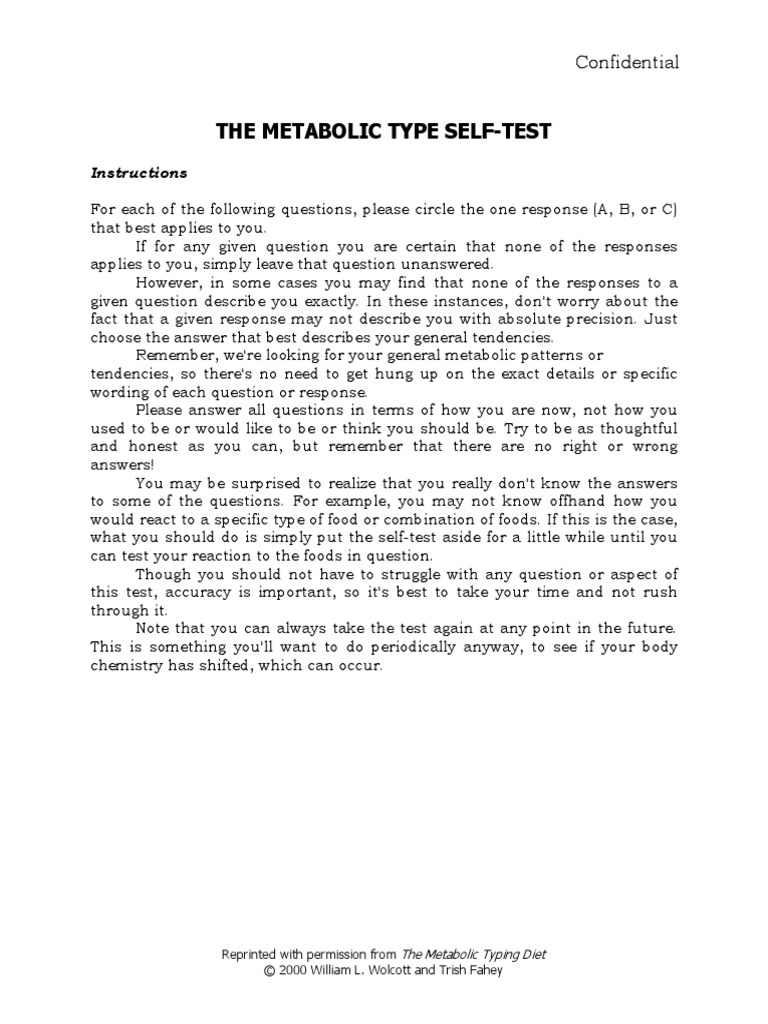 The Metabolic Type Self Test | PDF | Sleep | Eating