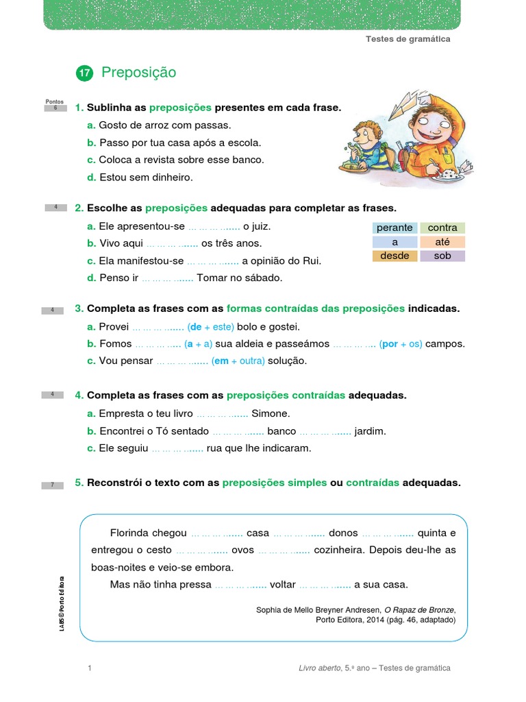 Teste de Preposições Prto 5 Ano | PDF | Lazer