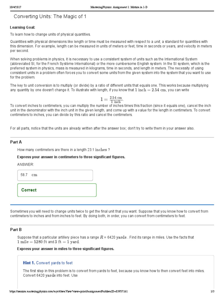 MasteringPhysics - Assignment 2 - Motion in 1-D | PDF | Units Of Measurement | Foot (Unit)