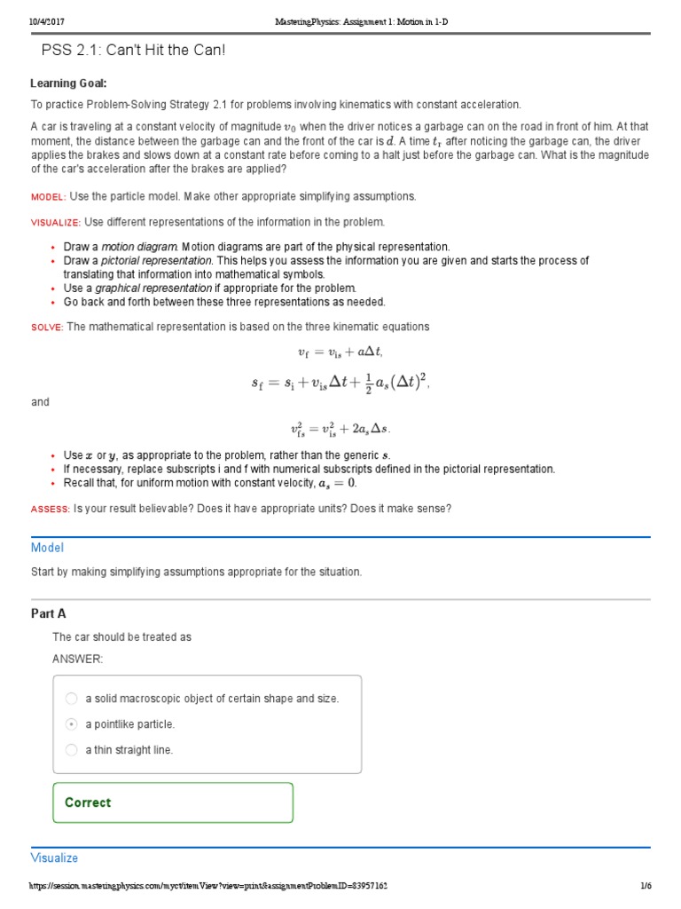 MasteringPhysics - Assignment 4 - Motion in 1-D | PDF | Acceleration | Kinematics