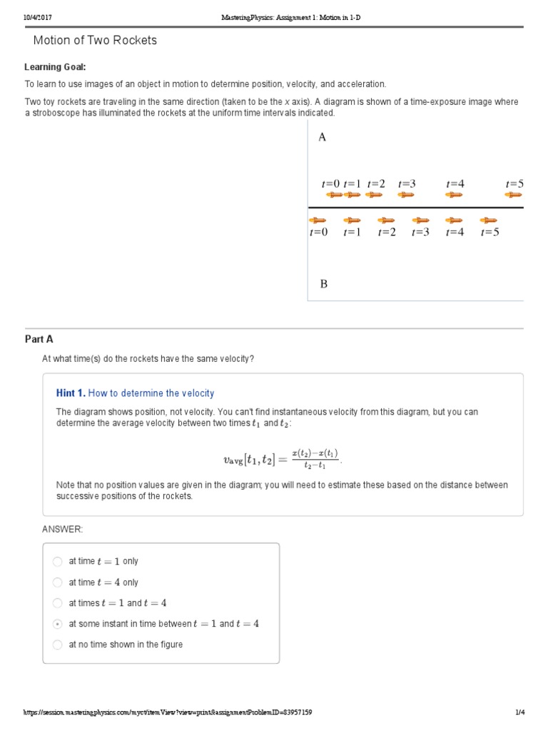 MasteringPhysics - Assignment 1 - Motion in 1-D | PDF | Acceleration | Rocket