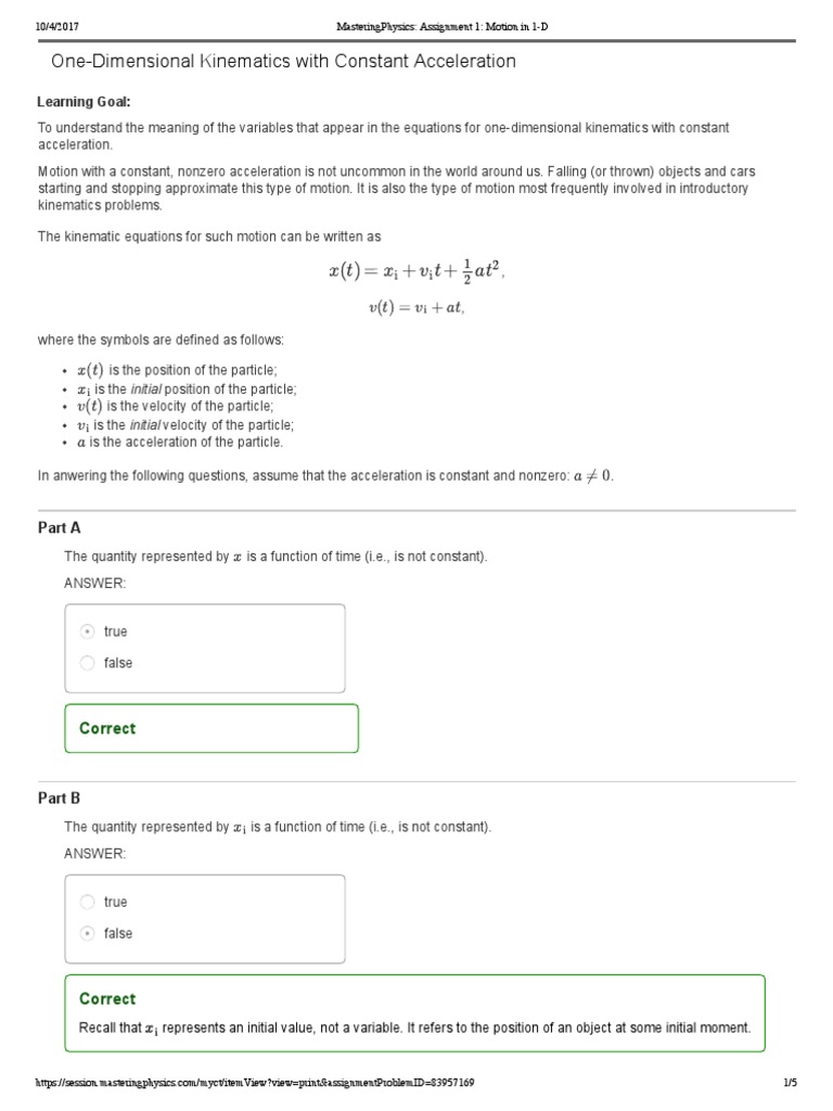 MasteringPhysics - Assignment 10 - Motion in 1-D | Download Free PDF | Acceleration | Kinematics
