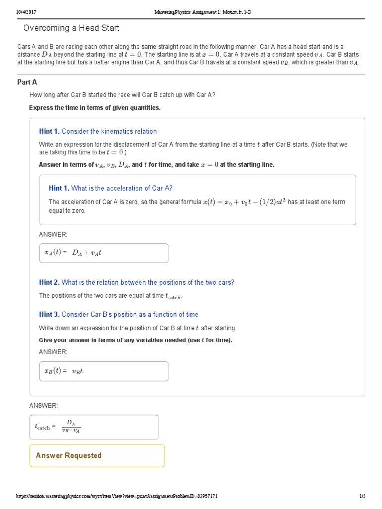 MasteringPhysics - Assignment 13 - Motion in 1-D | PDF | Speed | Acceleration
