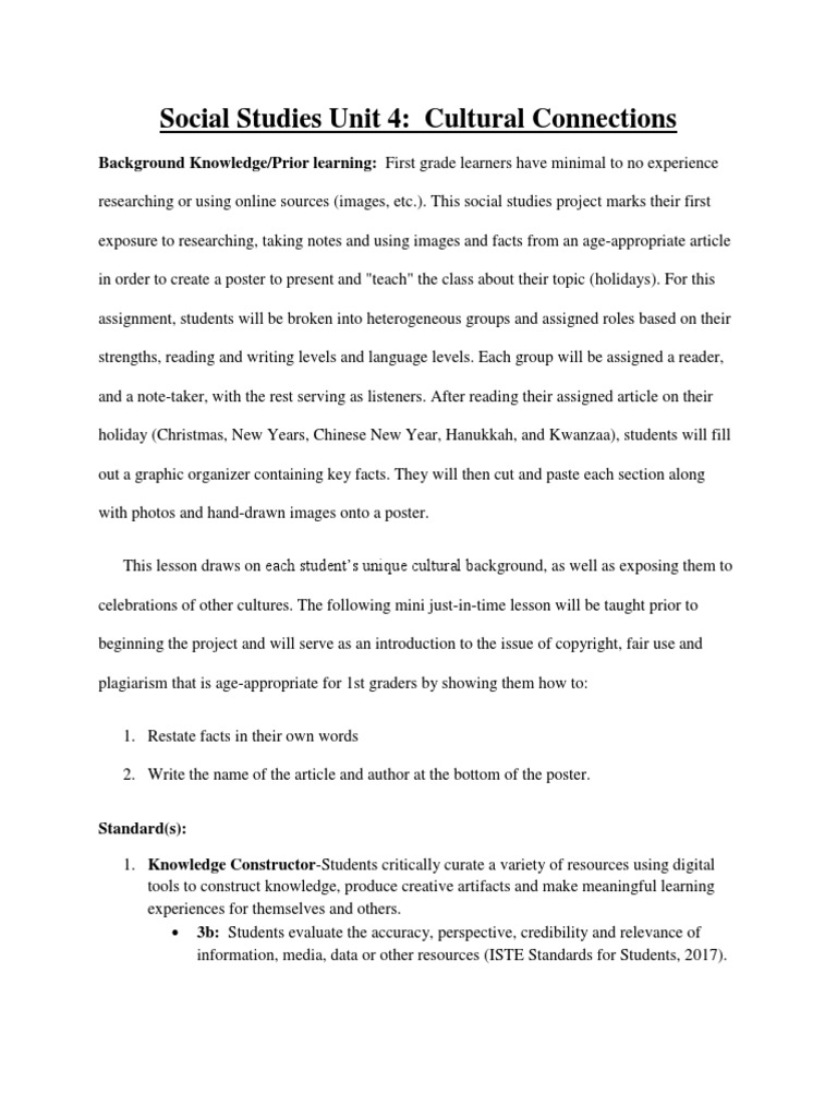 Social Studies Unit 4: Cultural Connections | PDF | Traditions | Learning