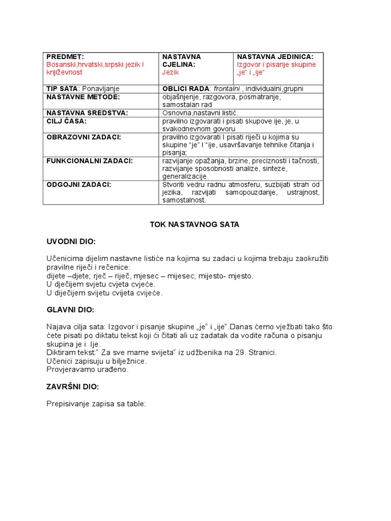 Izgovor I Pisanje Skupina Je I Ije | PDF