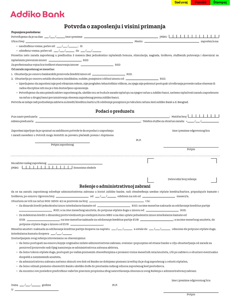 Potvrda o Zaposlenju I Visini Primanja 11092017 | PDF