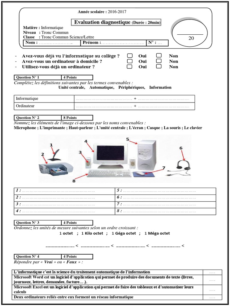 Test Diagnostique V | Application | Informatique